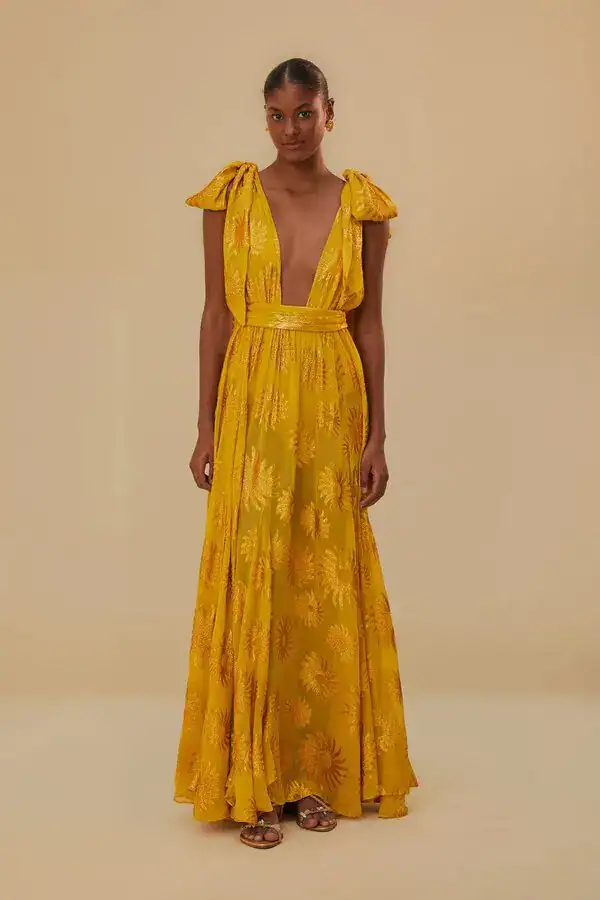 Farm Rio Active Gold Sun Jacquard Maxi Dress - Yellow | Editorialist