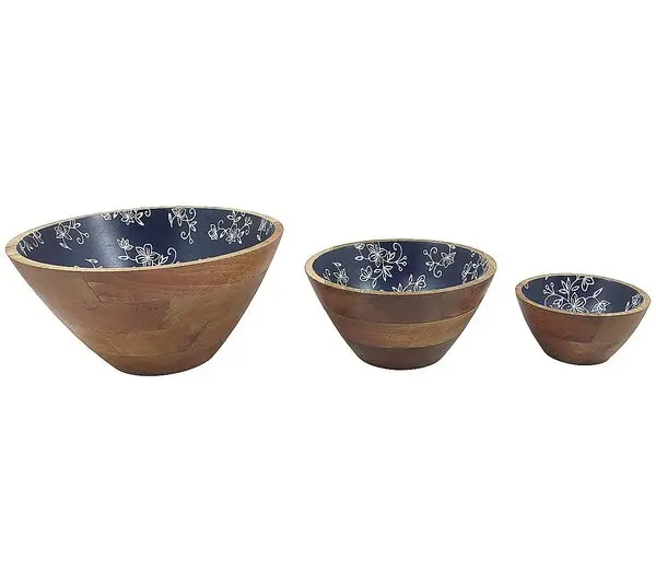 TEMP-TATIONS As Is Floral Lace S/3 Mango Wood Bowls