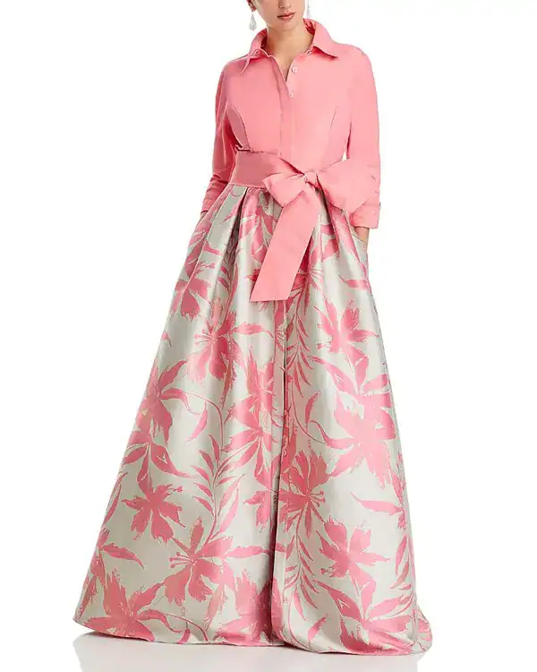 Rickie Freeman For Teri Jon Floral Taffeta Shirt Dress Gown In Salmon Multi  - 70% Off | Editorialist