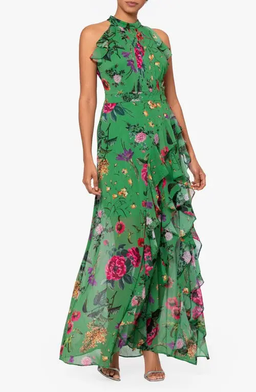 Betsy & Adam Floral Print Metallic Ruffle Gown