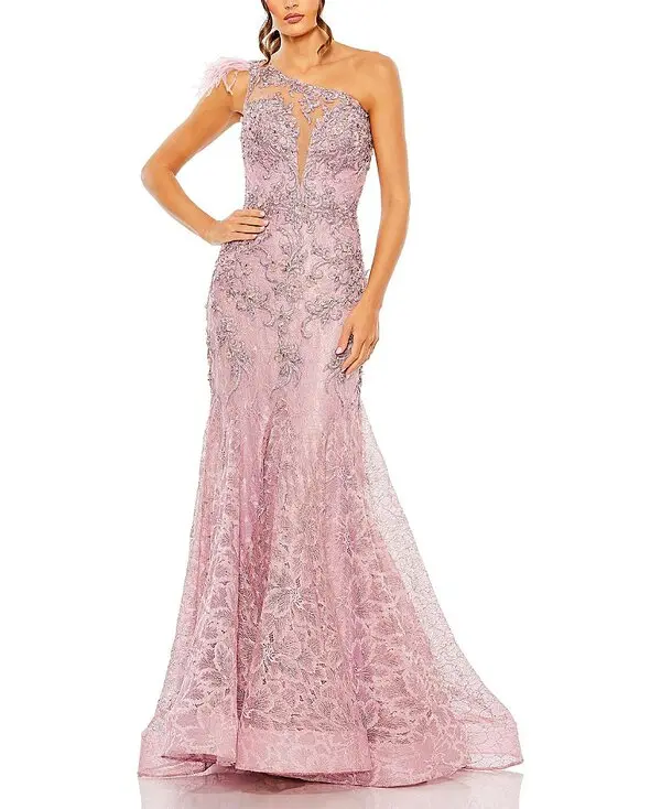 Mac Duggal Embroidered Applique Feathered One Shoulder Gown - Rose