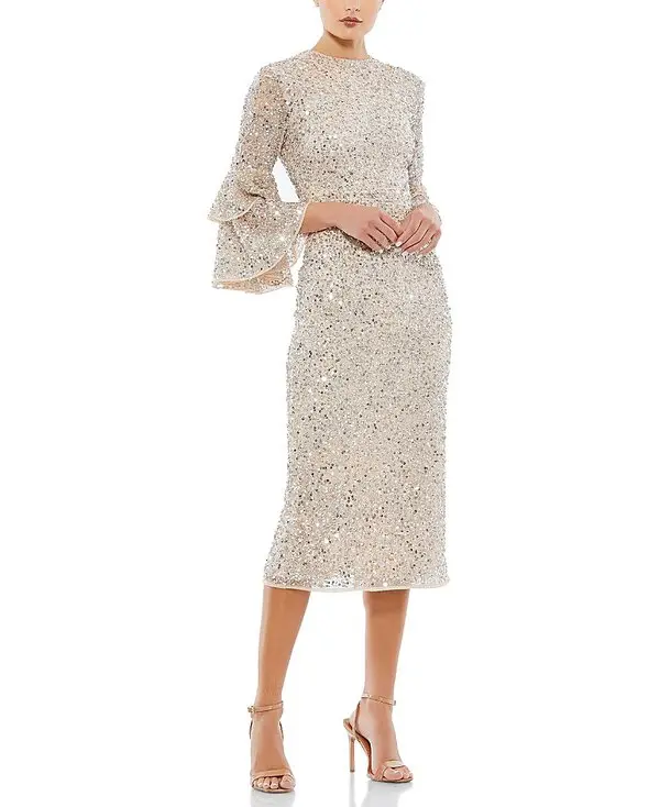 Mac Duggal Sequined Ruffle Tiered Midi Dress With 3/4 Sleeves - Nude