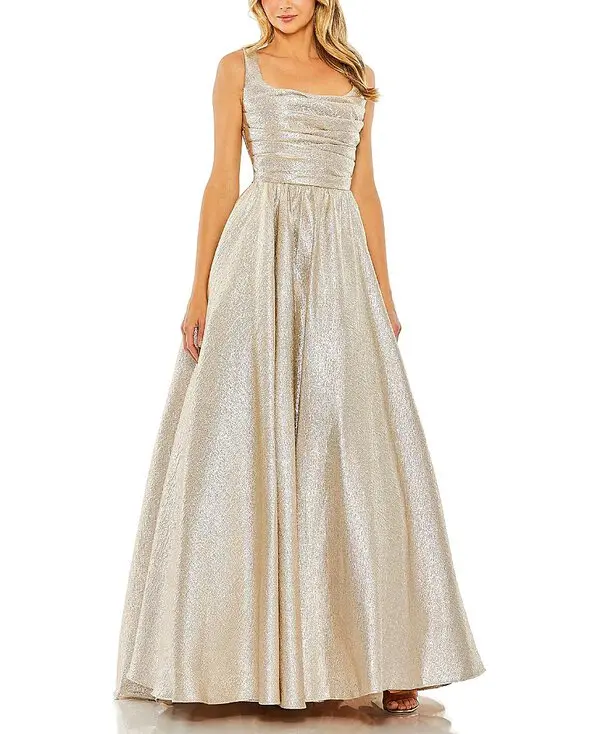 Mac Duggal Metallic Pleated Bodice Ballgown - Oyster