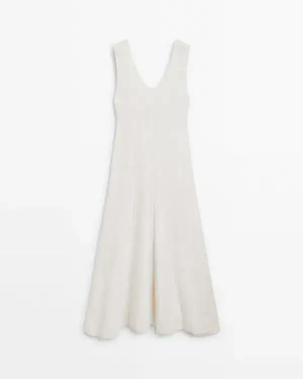 Massimo Dutti Textured Maxi Dress With V-Neckline - White | Editorialist