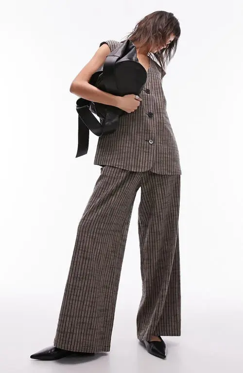 Topshop Stripe Pleated Wide Leg Pants In Brown 45% Off