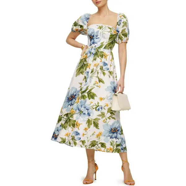 Reformation Marella Floral Midi Linen A-Line Dress In Botanist - 40% Off |  Editorialist