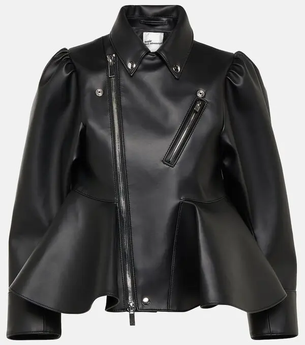 Noir Kei Ninomiya Peplum Faux Leather Biker Jacket In Black 30