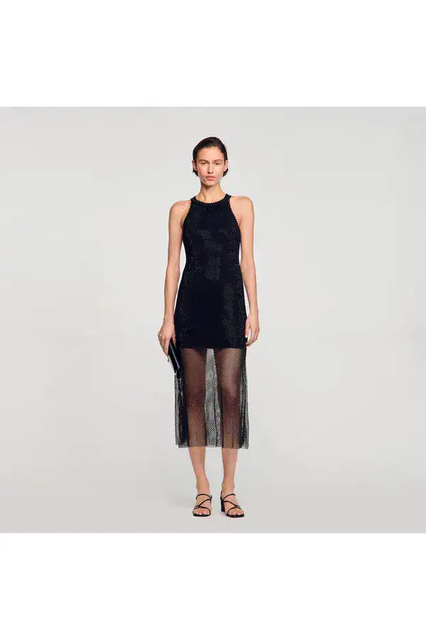 Sandro Long Shiny Mesh Dress In Black - 48% Off | Editorialist