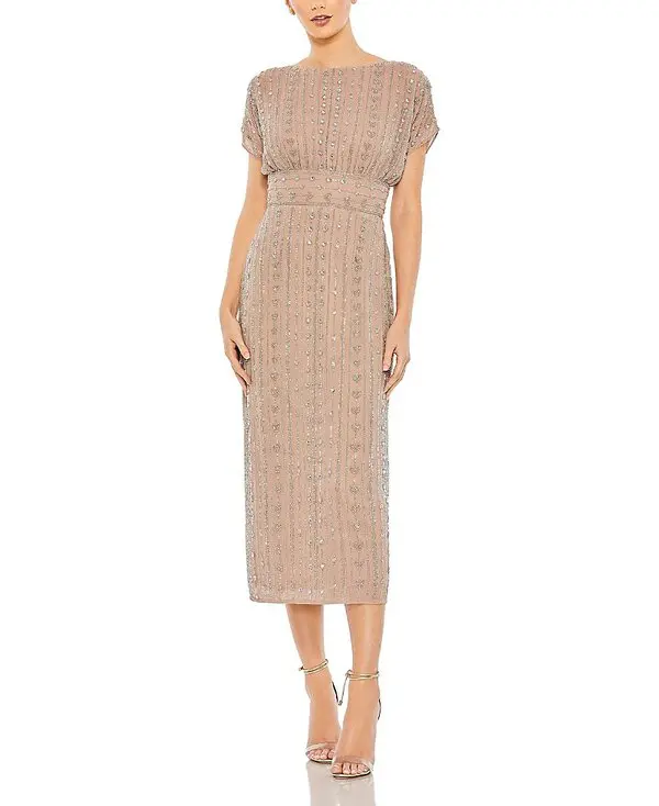Mac Duggal Beaded Cap Sleeve Column Midi Dress - Dark Mocha