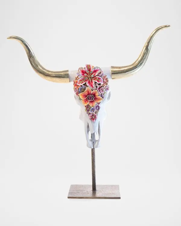 JAY STRONGWATER Mounted Longhorn Skull With Flowers Objet - One-color