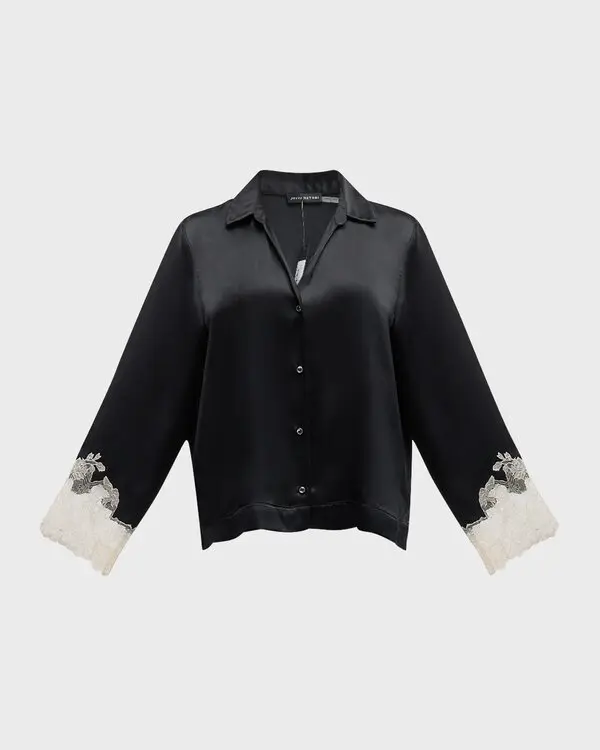 Natori Lolita Cropped Lace-trim Charmeuse Pajama Set - Black W/ecru