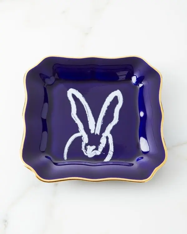 HUNT SLONEM Portrait Plate With Gold Rim Cobalt