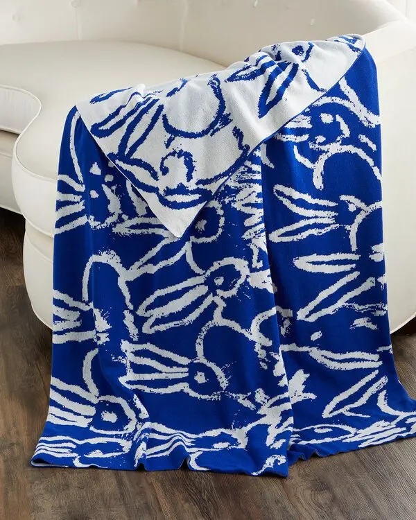 HUNT SLONEM Rabbit Run Blue Cashmere Throw Blanket
