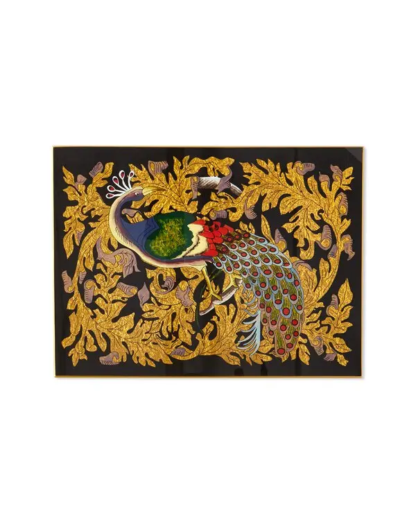 NOMI K Golden Leaf Peacock Glass Placemat