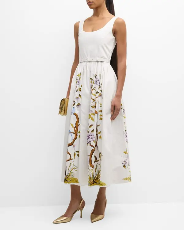 Adam Lippes Flower Branch-print Belted Poplin Midi Dress - White Multi