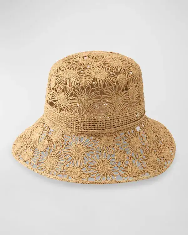 Helen Kaminski Floral Crocheted Retro Raffia Bucket Hat - Natural ...