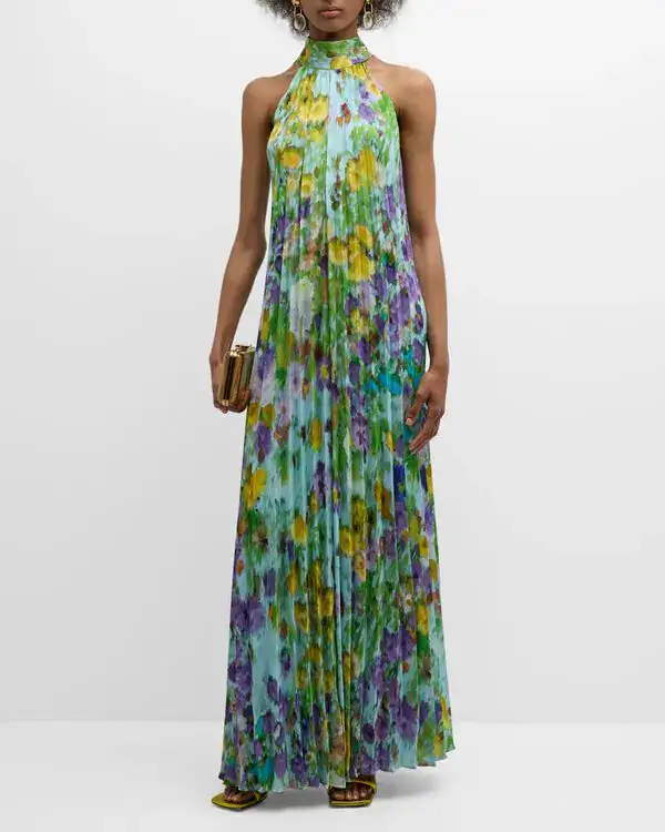 UNGARO Pleated Floral-print Satin Halter Gown - Dusty Blue | Editorialist