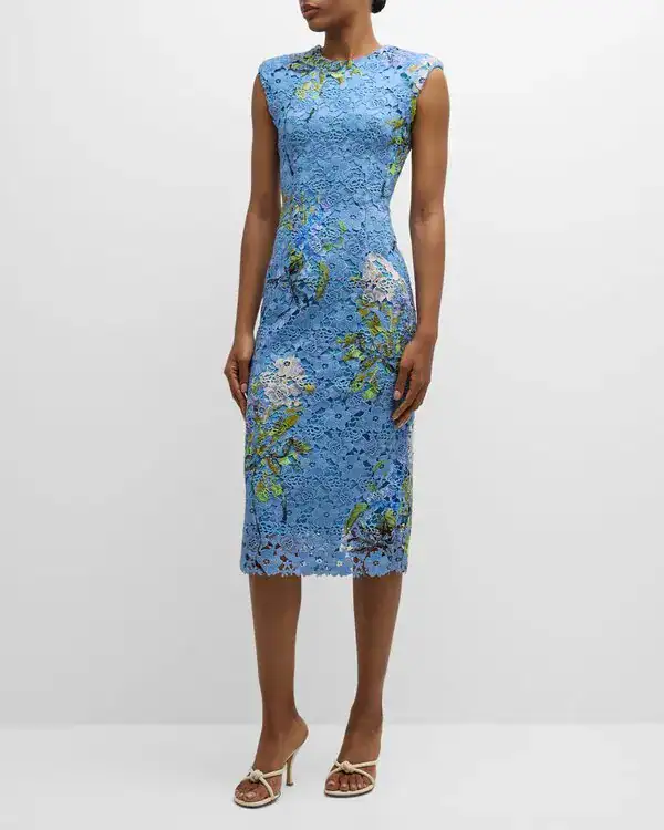 Monique Lhuillier Hydrangea Print Guipure Lace Sheath Dress Sky