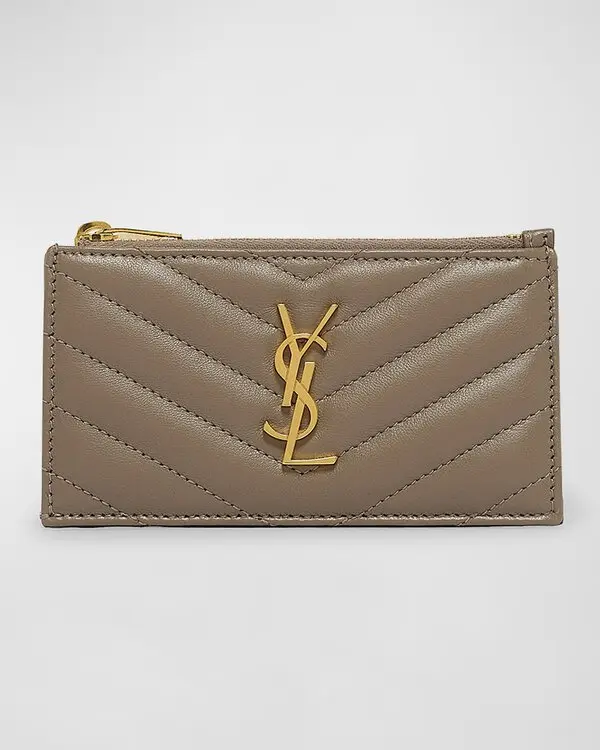 Saint Laurent Small Zip Card Case In Quilted Leather - Greyish Brown
