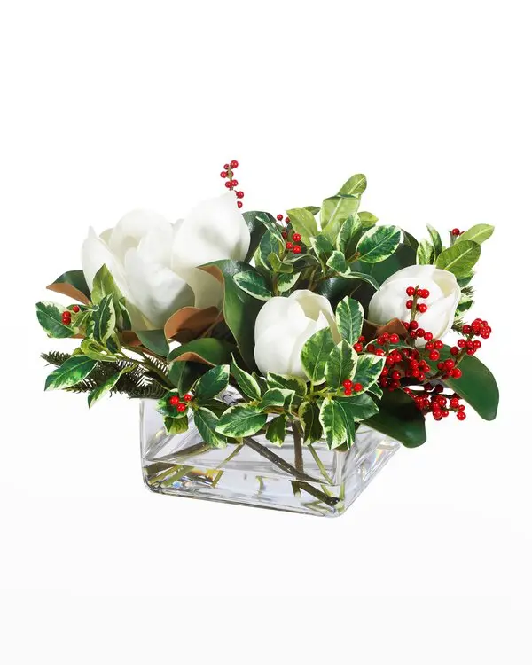 WINWARD HOME Faux Magnolia Berry Floral Rectangular Centerpiece