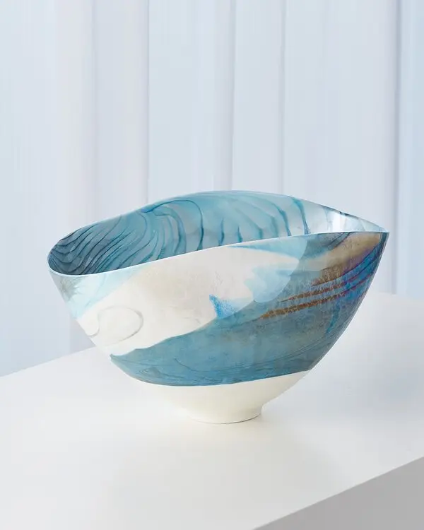GLOBAL VIEWS Ivory Turquoise Feather Swirl Oval Bowl Small