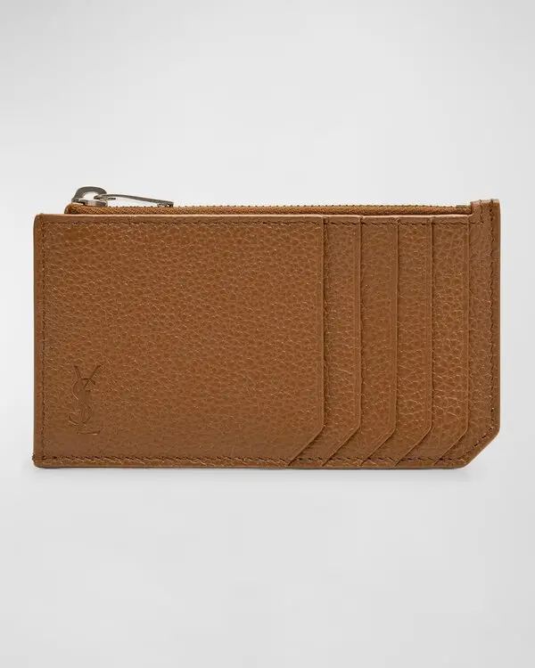 Saint Laurent Zip Card Holder In Leather - Chestnut