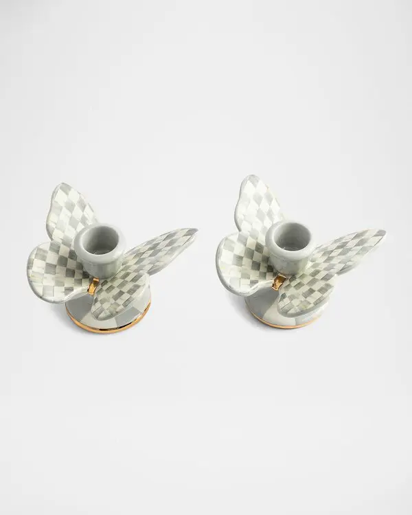 MACKENZIE-CHILDS Sterling Check Butterfly Candle Holders, Set Of 2