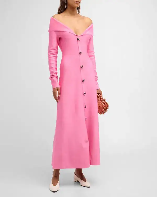 Lela Rose Off-The-Shoulder Long-Sleeve Midi Dress Peony