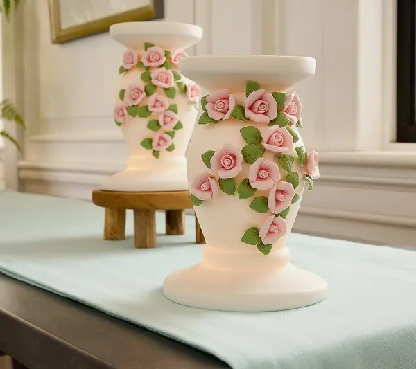 VALERIE PARR HILL As Is Set Of 2 Lit Porcelain Pedestals With Flowers-valerie