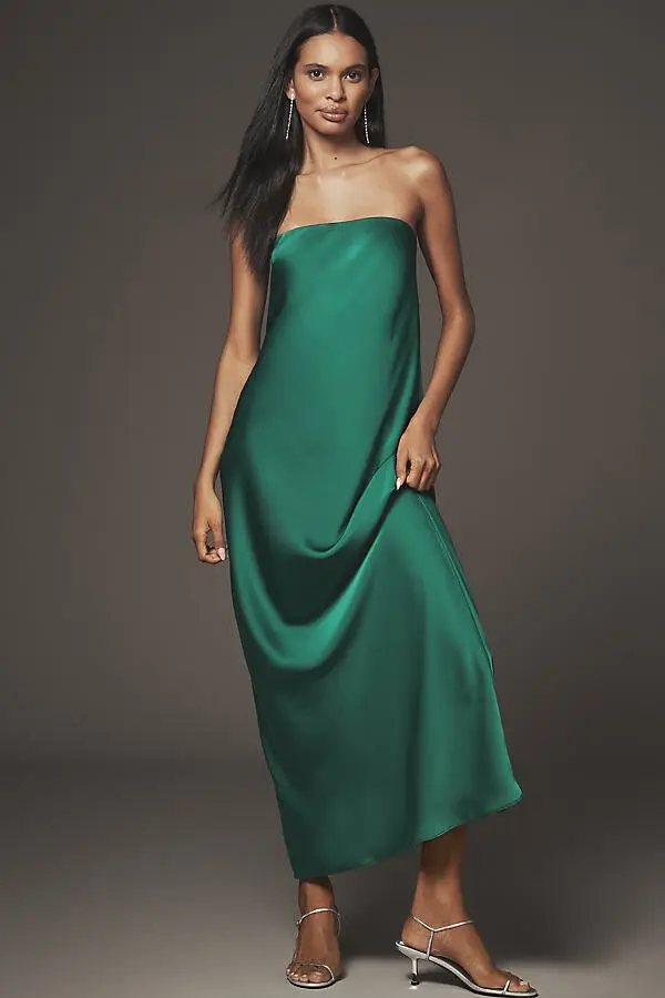 Anthropologie Fleur Strapless Satin Maxi Slip Dress - Emerald