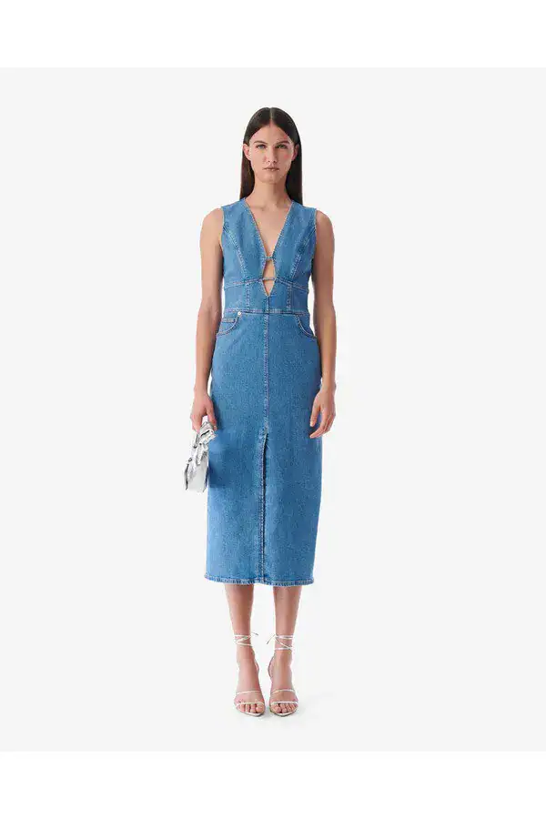 cut out denim dress Regina Lapel Collar Cut-out Denim Maxi Dress