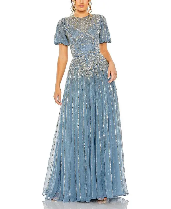 Mac Duggal High Neck Puff Sleeve Embellished Gown - Slate Blue