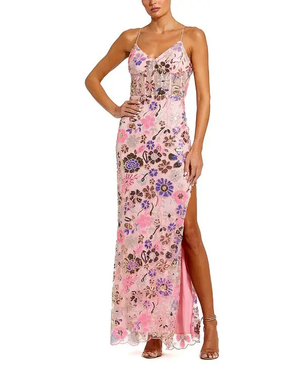 Mac Duggal Slit Detail Applique Gown - Pink Multi