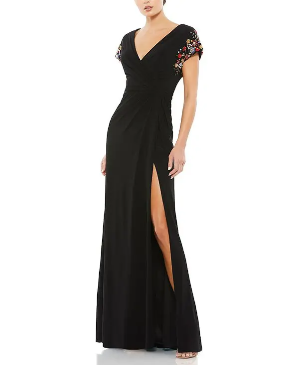 Mac Duggal Embellished Sleeve Jersey Wrap Gown - Black Multi