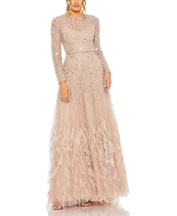 Mac Duggal Feather Detail Embellished Gown - Dusty Rose