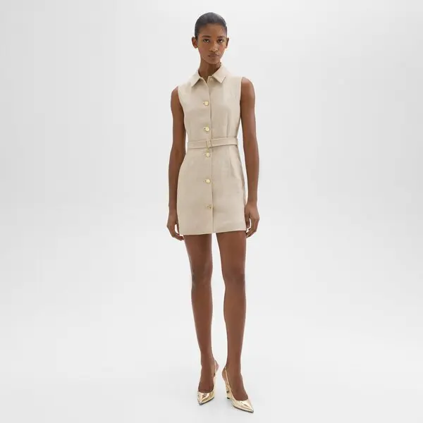 Theory Belted Basket Weave Linen Mini Dress