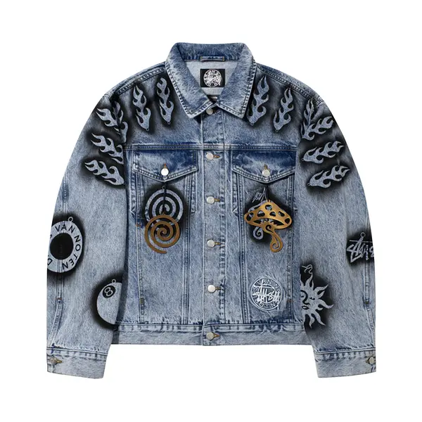 StÜssy X Dries Van Noten Hand-stencilled Denim Jacket - Blue