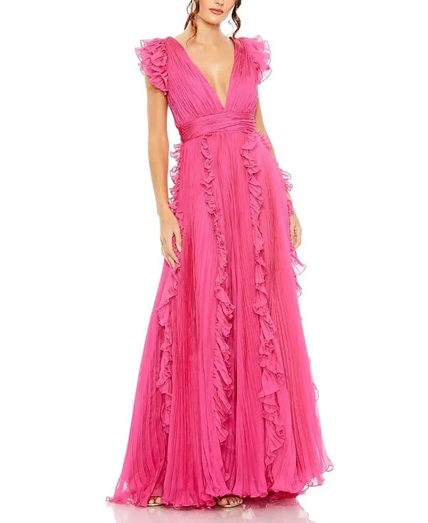 Mac Duggal Ieena Pleated Ruffle Gown - Fuchsia