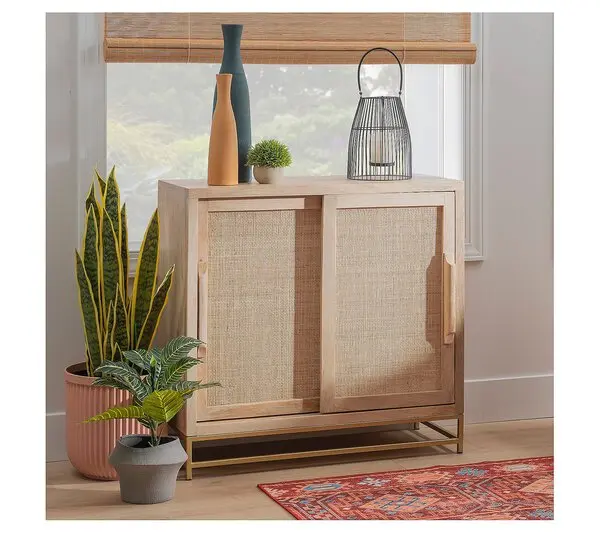 LINON Home Fielding Natural Rattan Cabinet With Sliding Doors