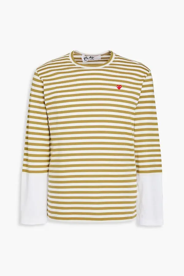 Play Comme Des Garcon Appliquéd Striped Cottonjersey Tshirt - Sage Green