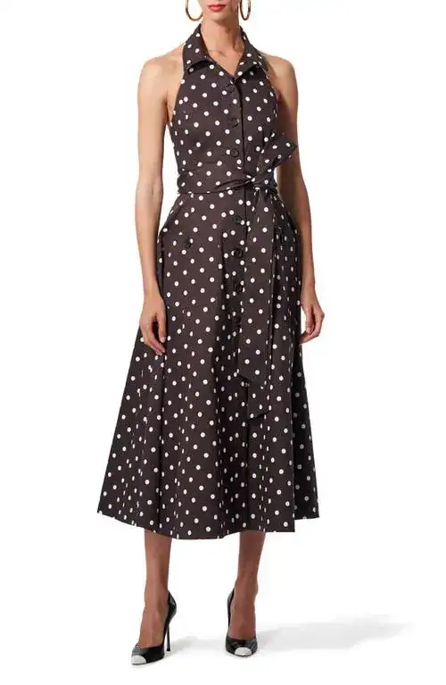 Carolina Herrera Polka Dot Halter Neck Midi Shirtdress In Mocha