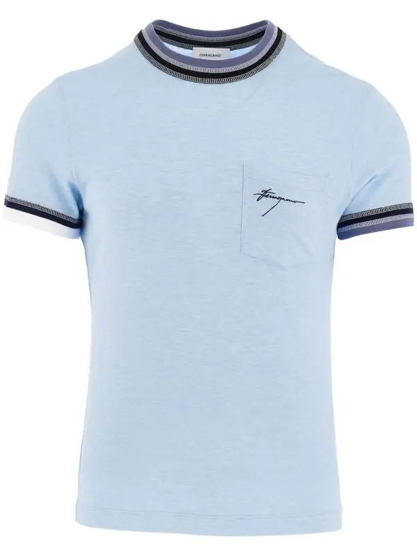 FERRAGAMO Stripe-tipping Jersey T-shirt - Blue