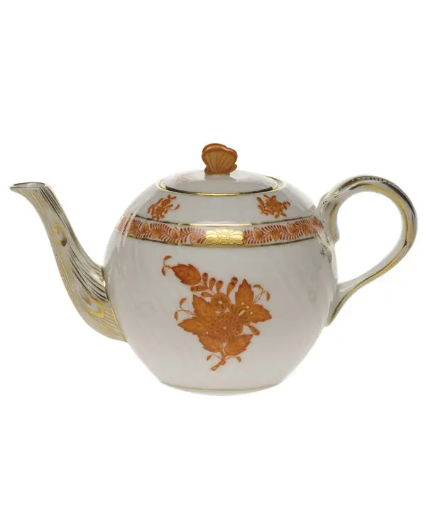 HEREND Chinese Bouquet Rust Teapot With Butterfly