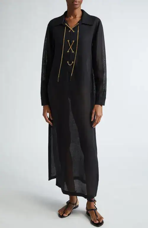 Michael Kors Lace-Up Chain Long-Sleeve Linen Gauze Shirt Dress In Black -  60% Off | Editorialist
