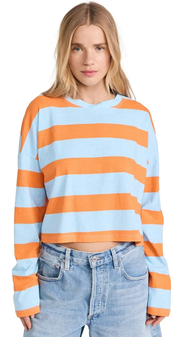 ASKK NY Printed Cropped Long Sleeve Top - Orange Blue Stripe