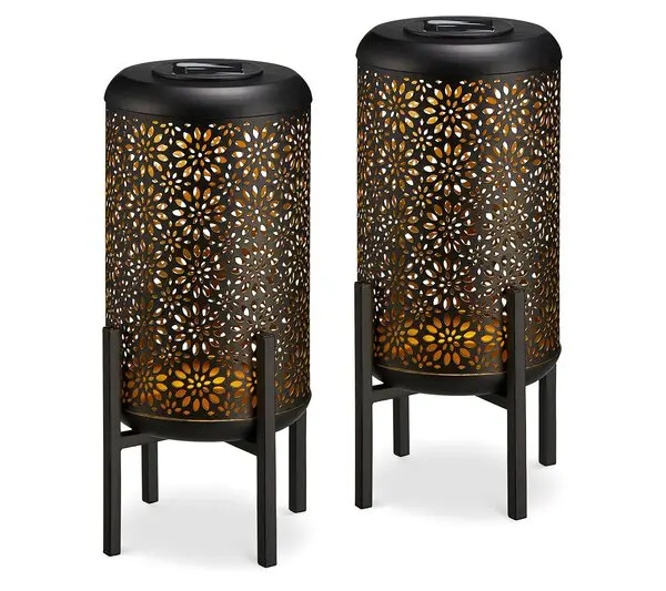 GLITZHOME 14' Cutout Floral Solar Powered Outdo R Lanterns S/2