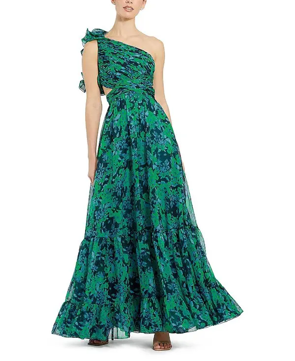Mac Duggal One-shoulder Ruffle Tiered Cut-out Chiffon Gown - Black Multi