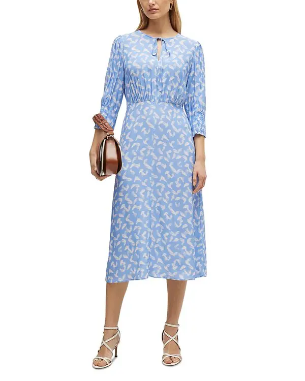 Hugo Boss Feather Print Smocked Cuff Tea Dress