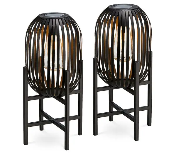 GLITZHOME 14' Metal Striped Solar Powered Outdo R Lanterns S/2