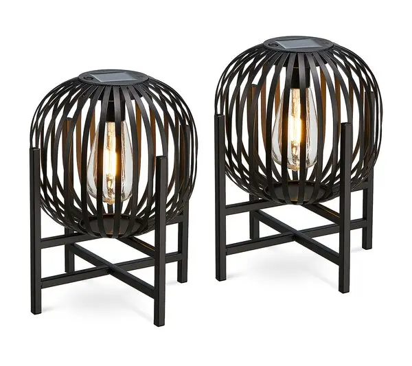 GLITZHOME 11' Metal Stripes Solar Powered Outdo R Lanterns S/2
